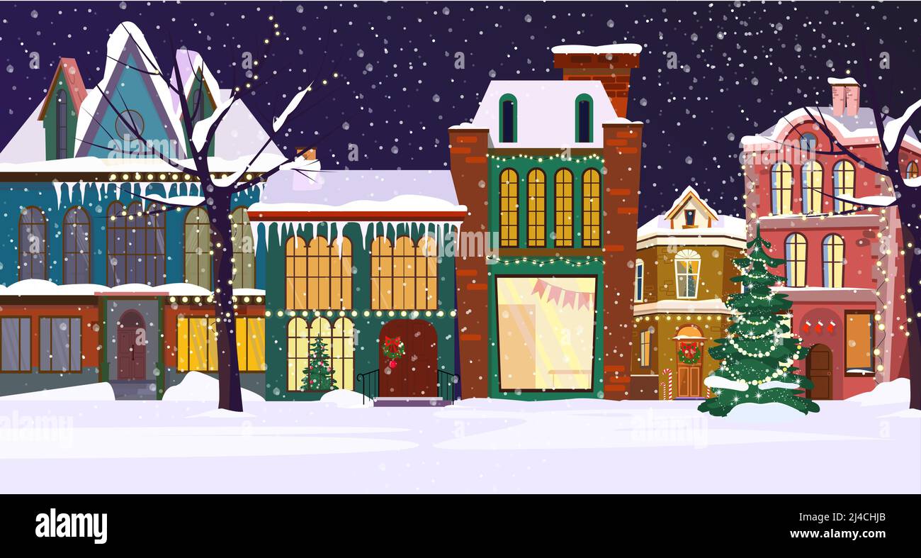 Winter night townscape with houses and decorated fir-tree. Night town ...