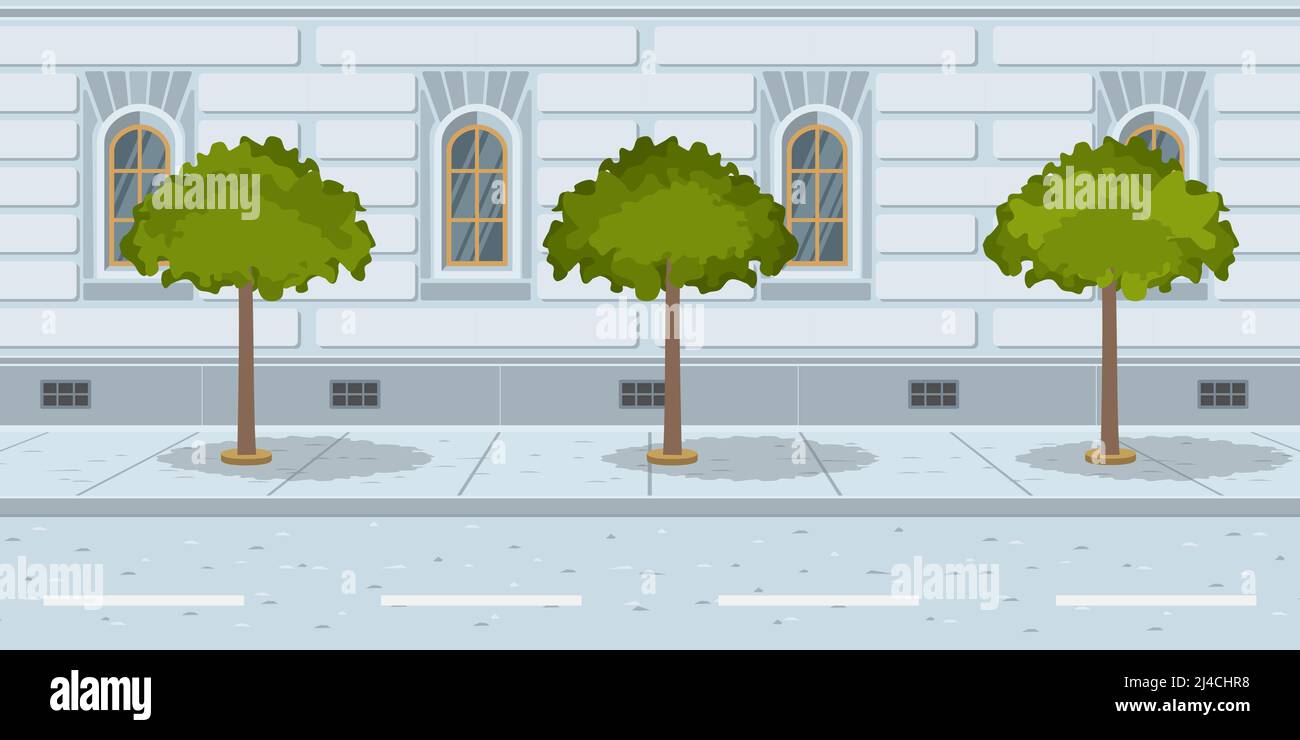 Trees in line on urban street. Growing trees near city road. Megapolis ...