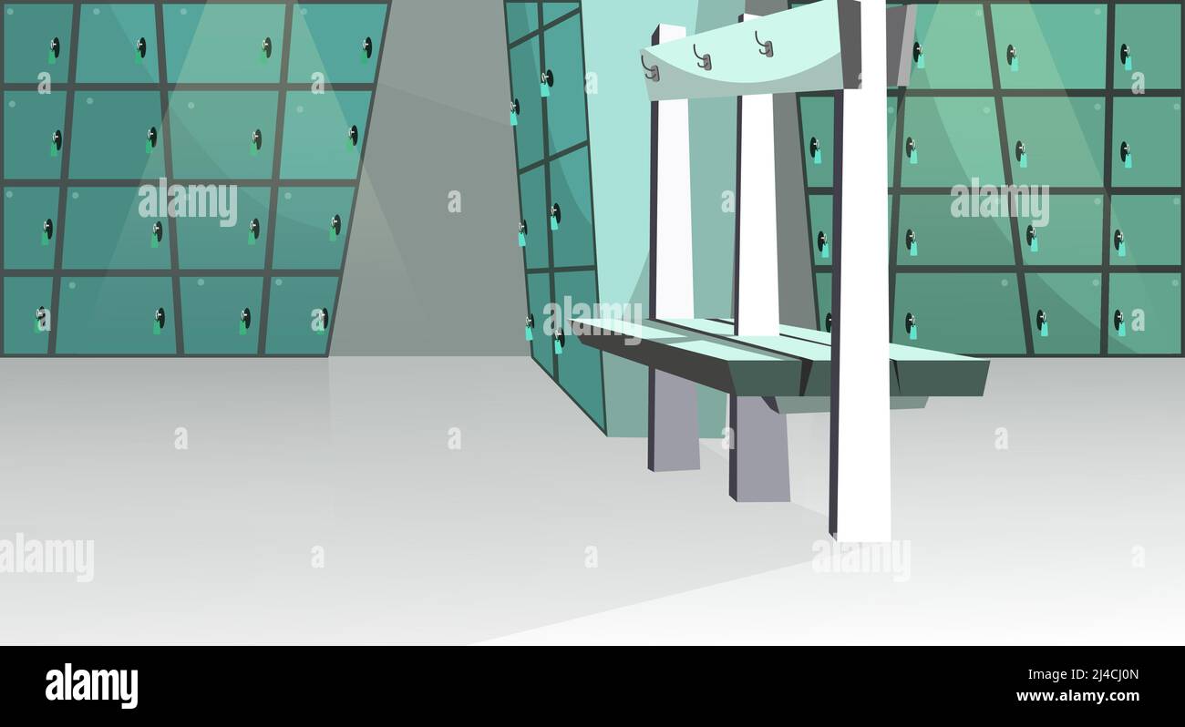 Sports locker room vector illustration. Small blue lockers and bench in ...