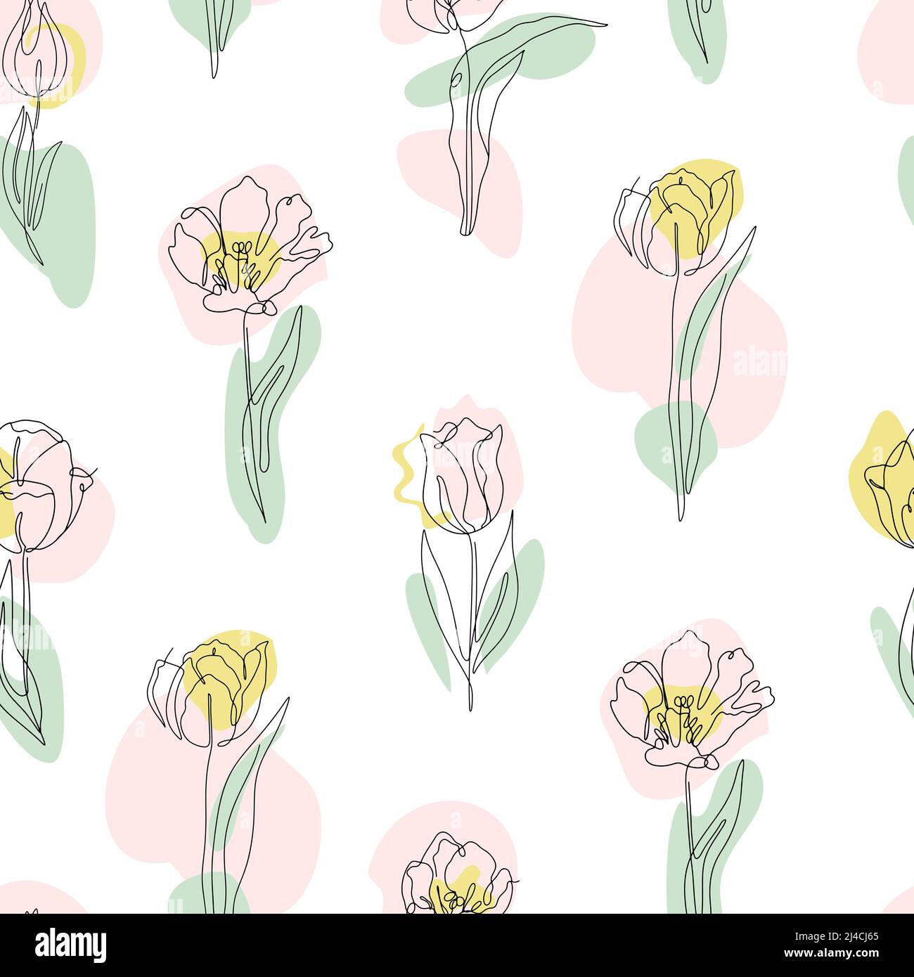 Seamless pattern with single line tulip flowers drawings and pastel ...