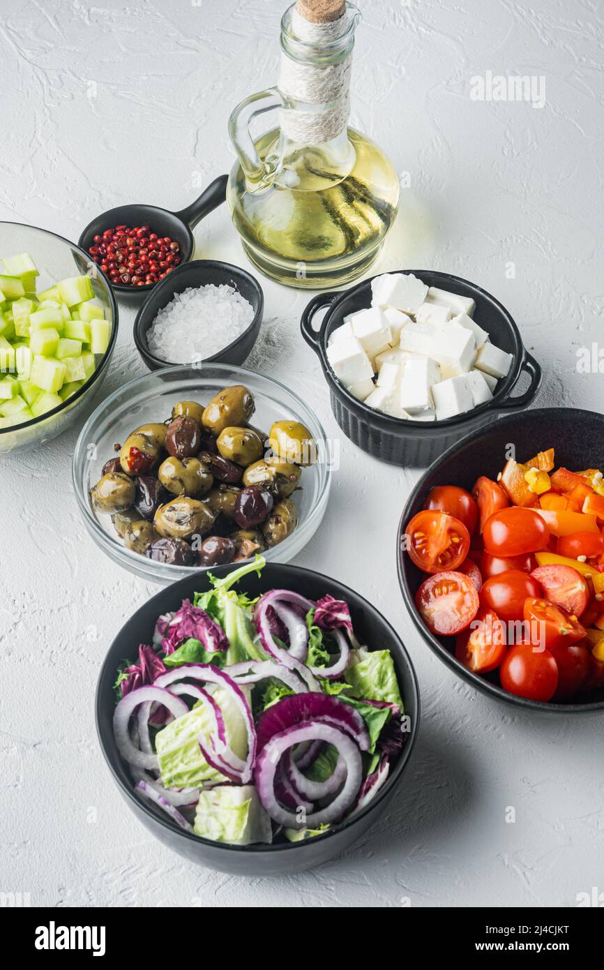 Ingredients for traditional greek salad, Tomatoes, onion, olives, feta ...