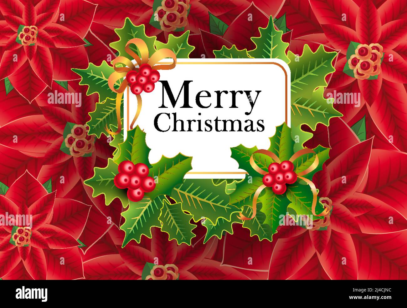 Merry Christmas greeting card design. Xmas berries and leaves and ...