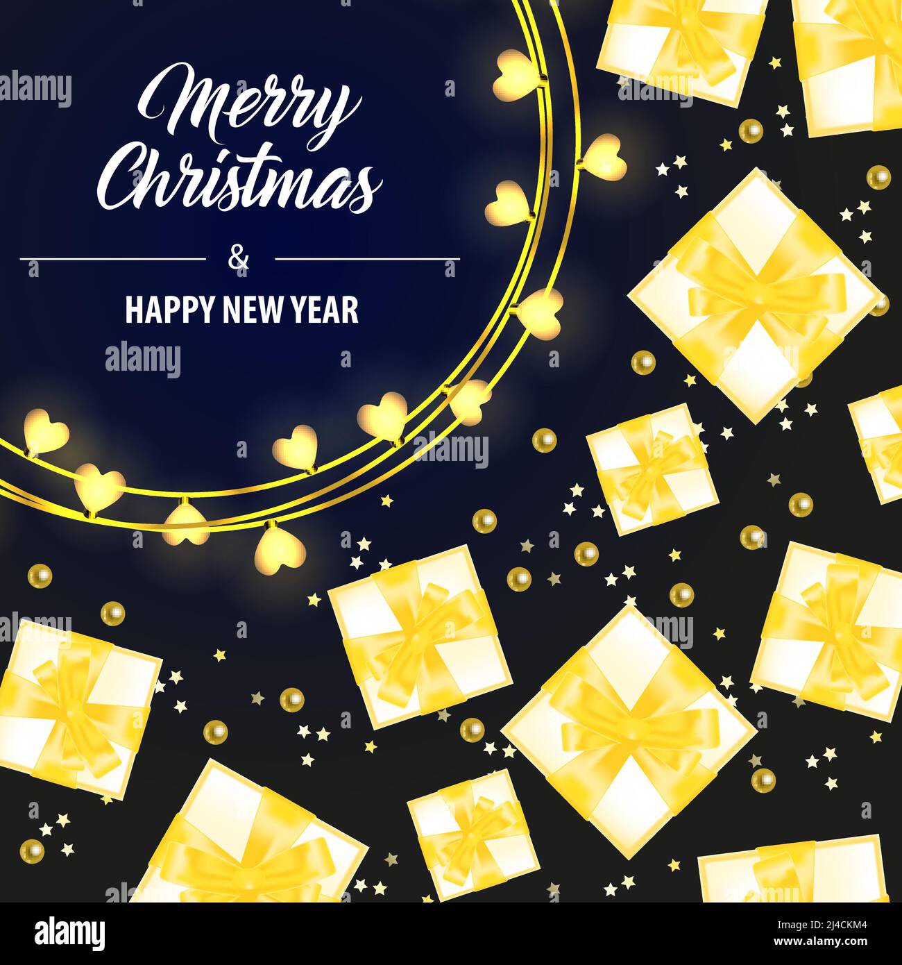 Merry Christmas lettering with yellow gift boxes. Christmas greeting ...