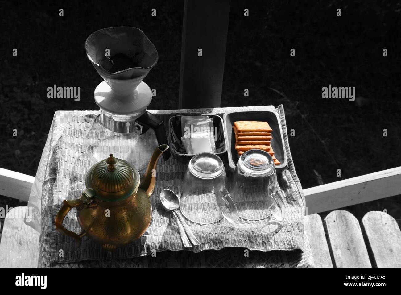 Coffee drip pot glass jar, Brass kettle jar, sugar sachet and biscuits ...