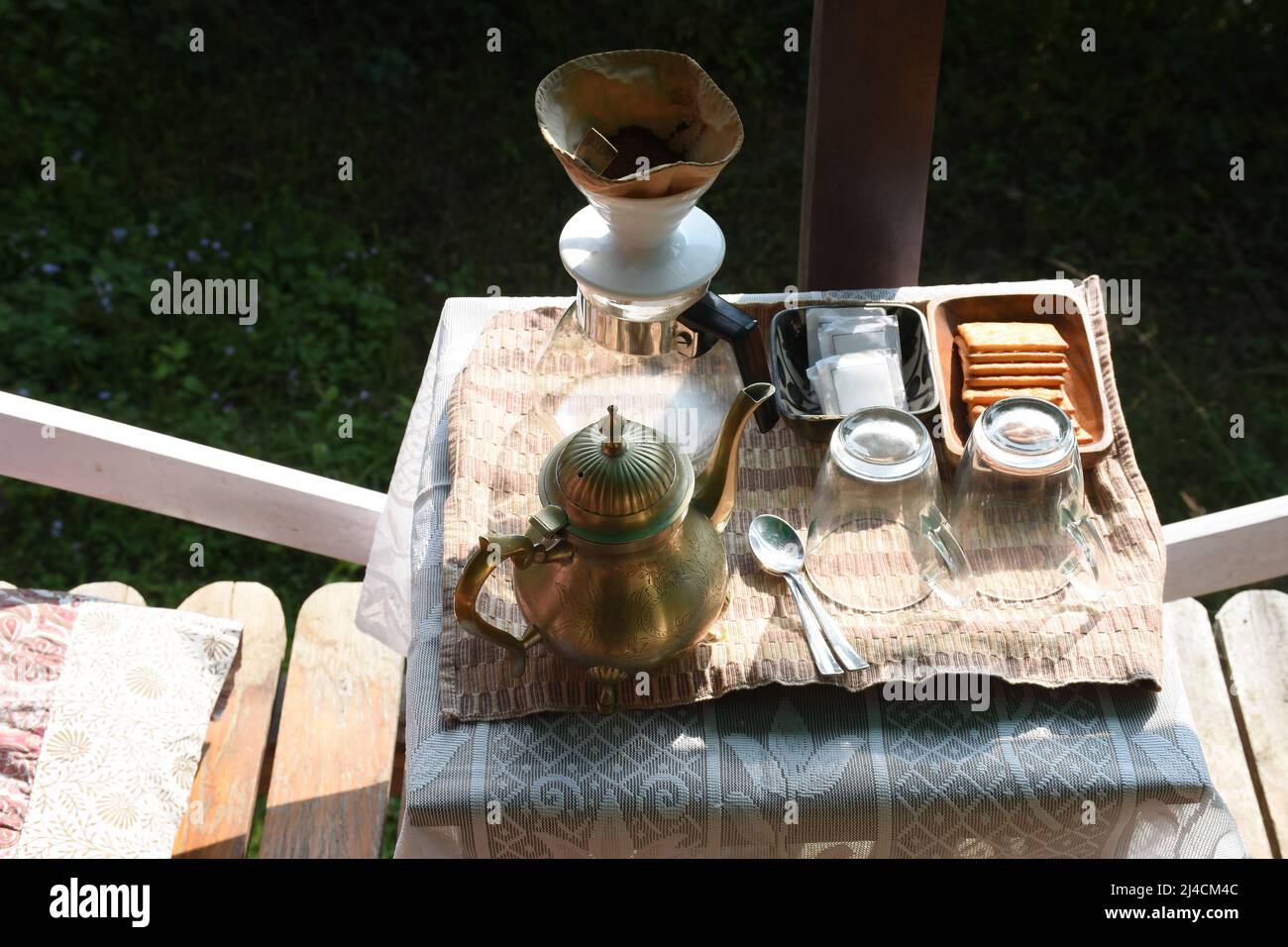 Coffee drip pot glass jar, Brass kettle jar, sugar sachet and biscuits ...