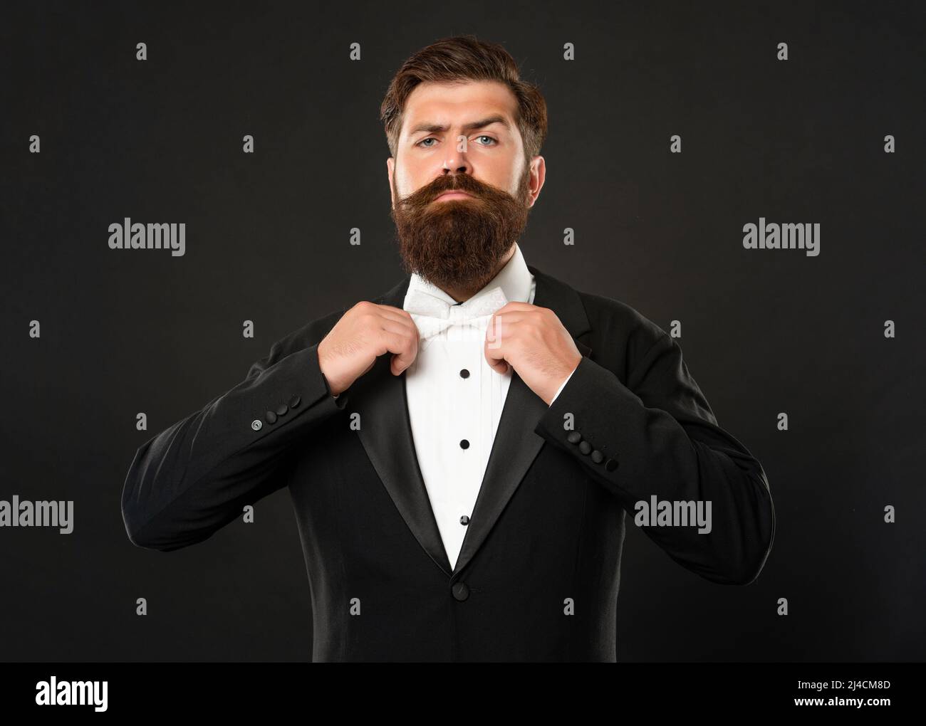 bearded groom in tuxedo on black background, bow tie Stock Photo - Alamy