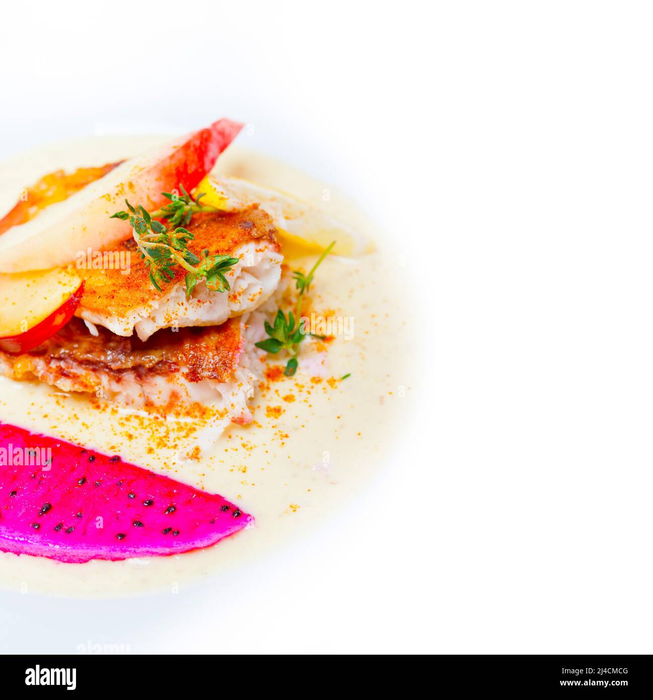 Sea bream orata fillet butter pan fried with fresh peach prune and ...