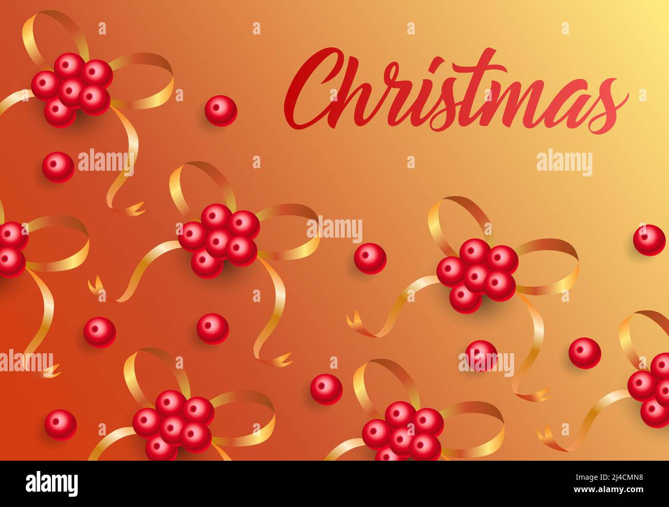 Christmas lettering on background with mistletoe berries and ribbons ...