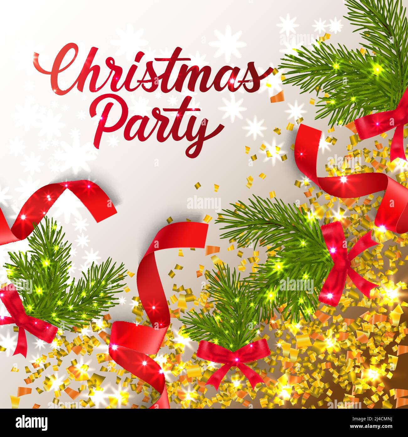 Christmas Party lettering with confetti and fir-tree twigs. Christmas ...