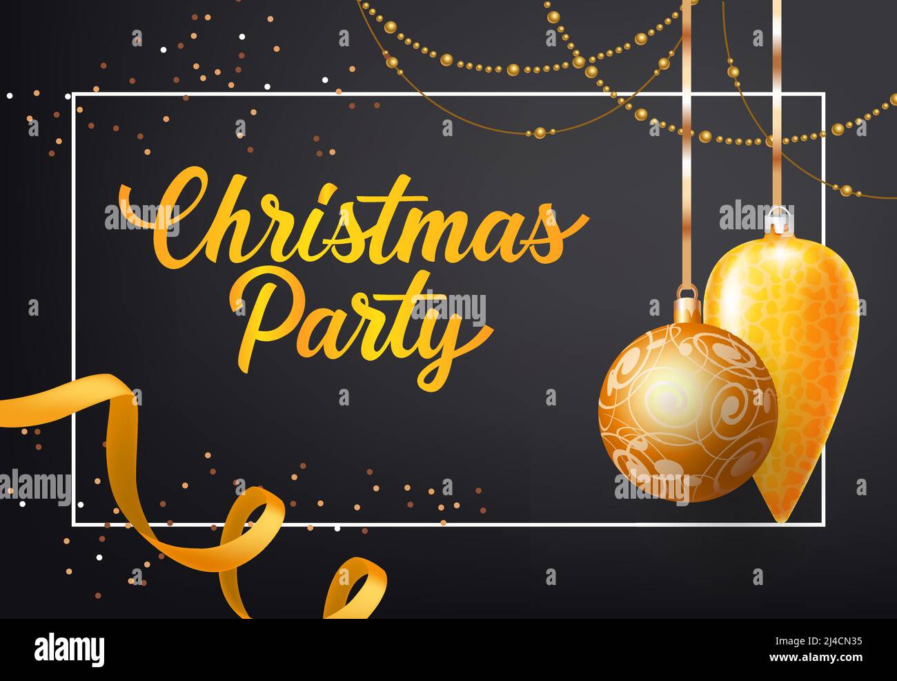 Christmas Party poster design. Gold baubles, chains, streamer, confetti ...