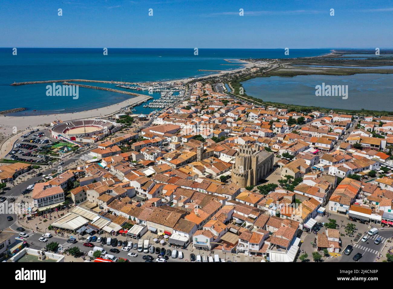 Drone shot, drone photo of Saintes-Maries-de-la-Mer with old town ...
