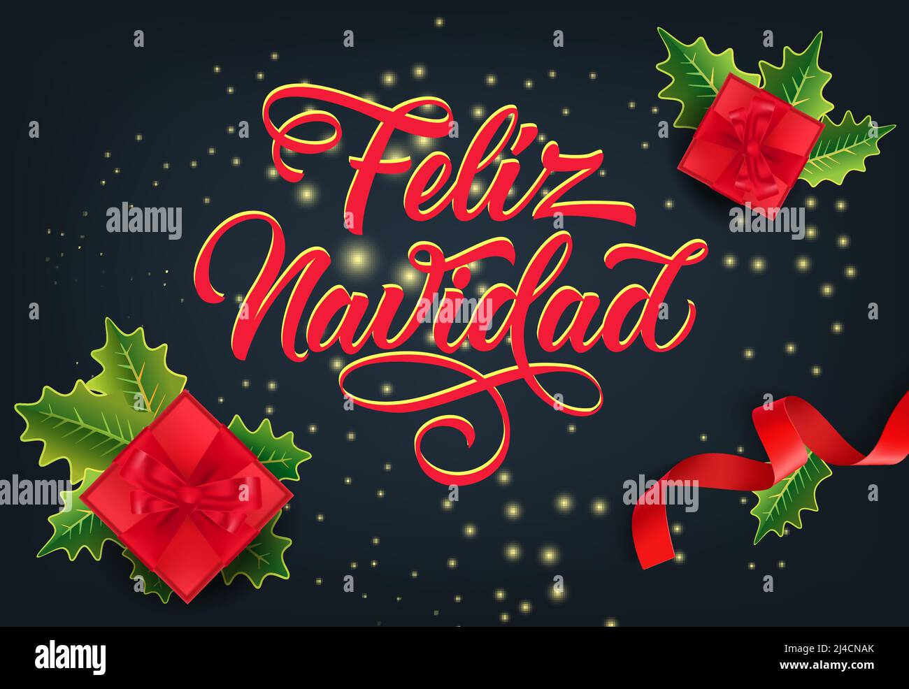 Feliz Navidad festive card design. Christmas gifts, ribbons and ...