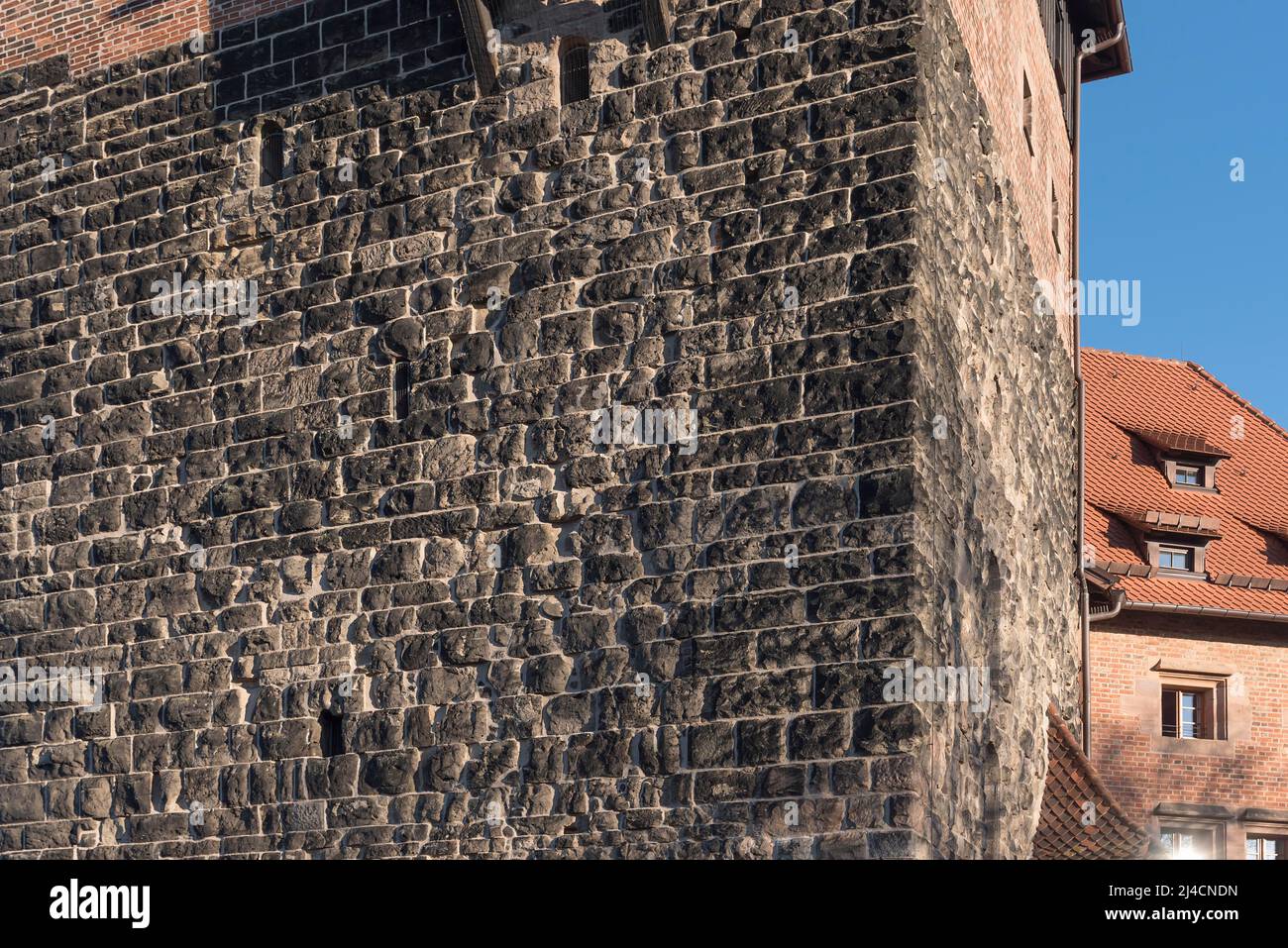 Wall structure of the historic pentagonal tower, Kaiserburg, Nuremberg ...
