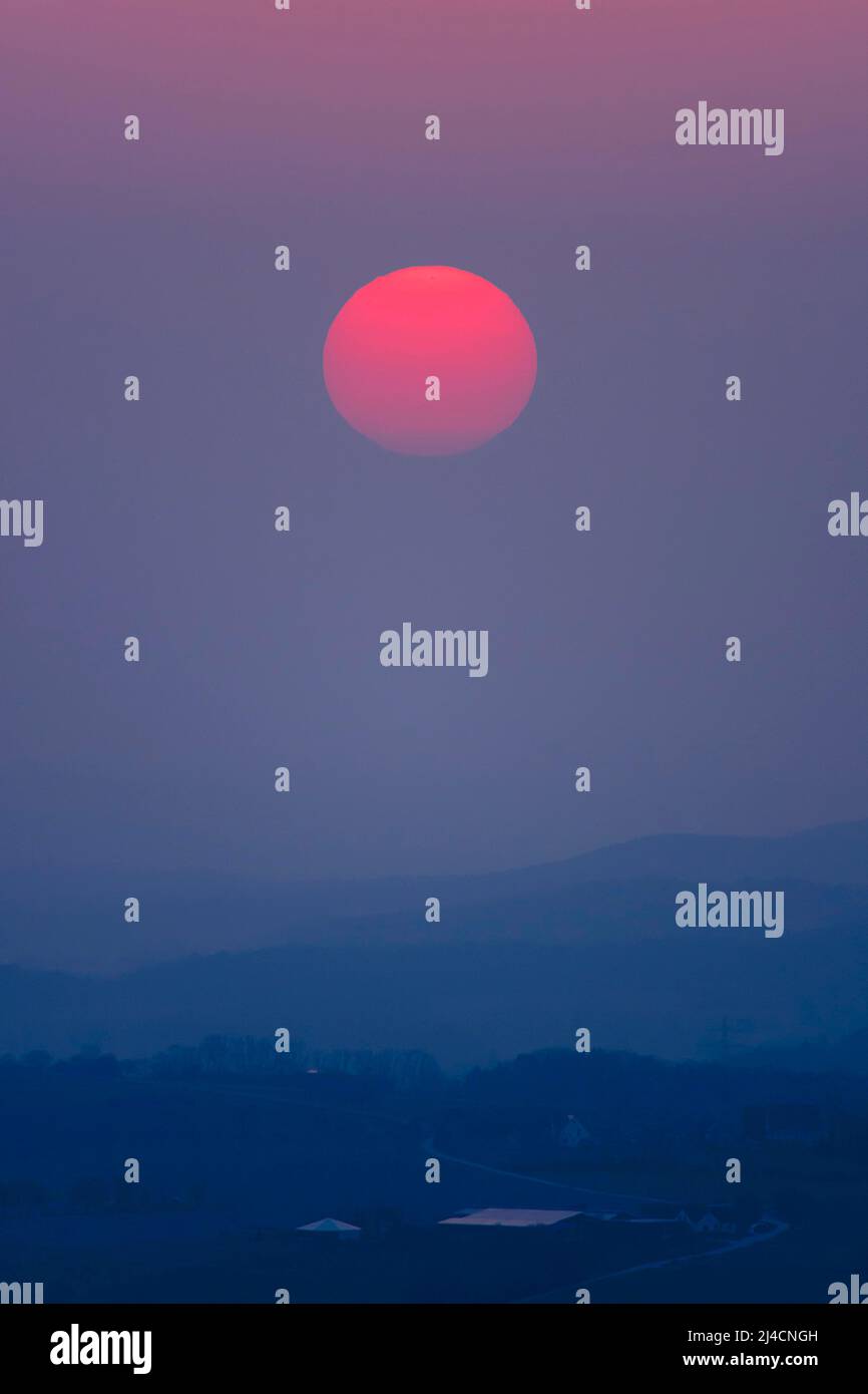Landscape in the evening with red setting sun, Bavaria, Germany Stock ...