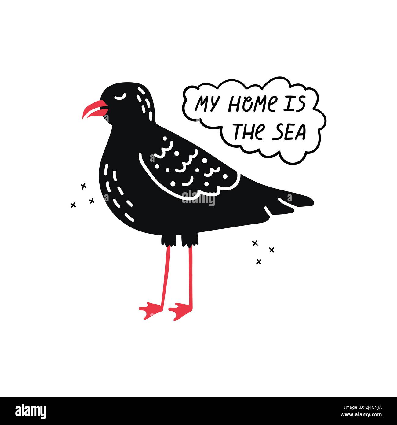 Vector illustration of a seagull with hand drawn lettering - my home is ...