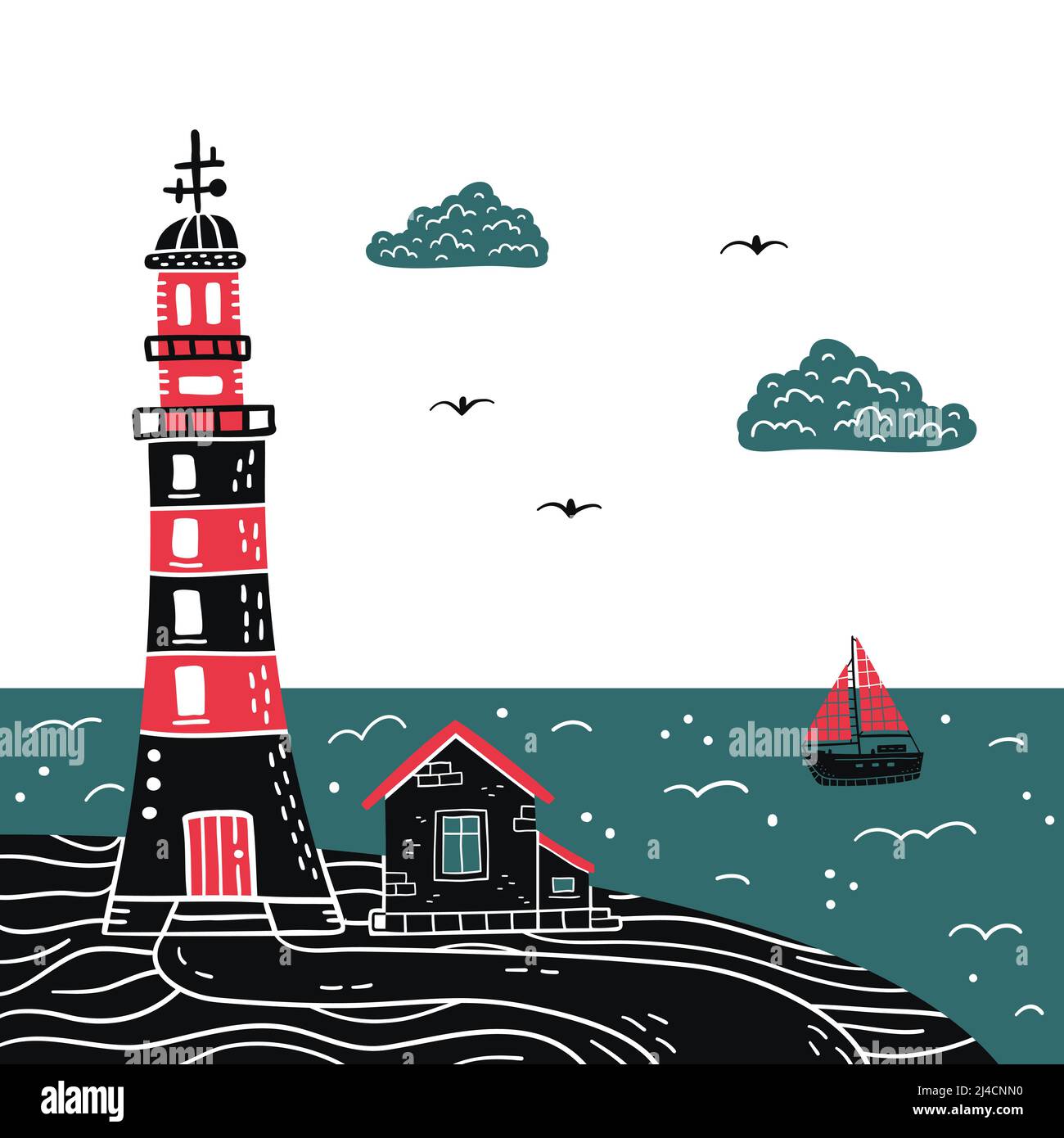 Vector illustration of the lighthouse and the lighthouse keeper's house ...
