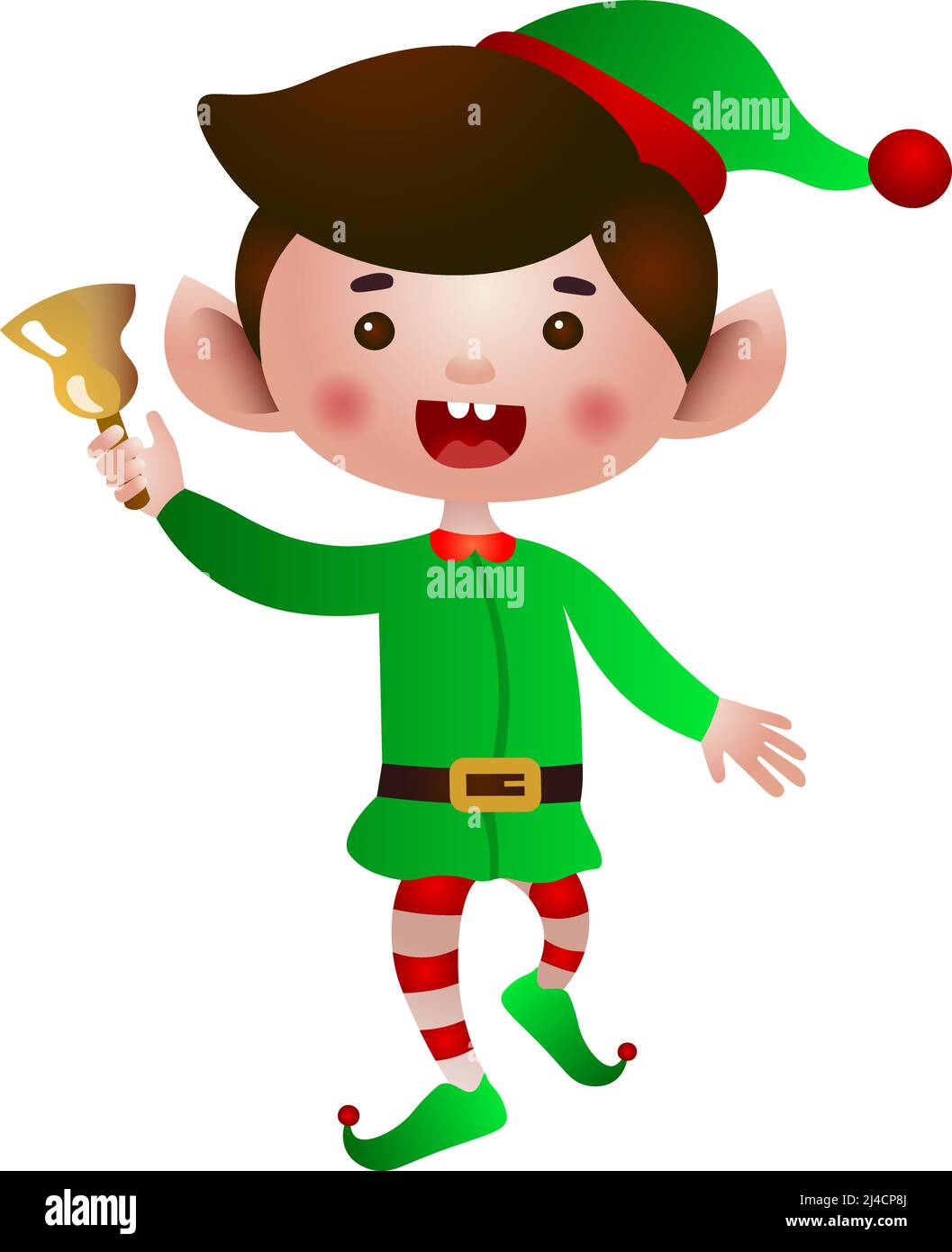 Excited elf jumping and ringing bell vector illustration. Christmas Eve ...