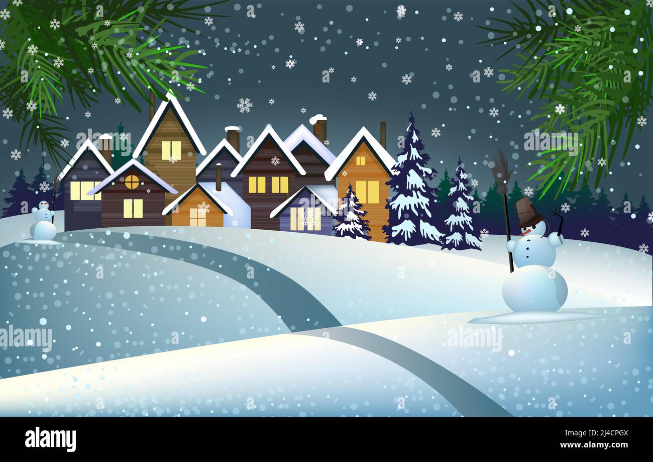 Many houses with snow on roof in town vector illustration. Snowman with ...