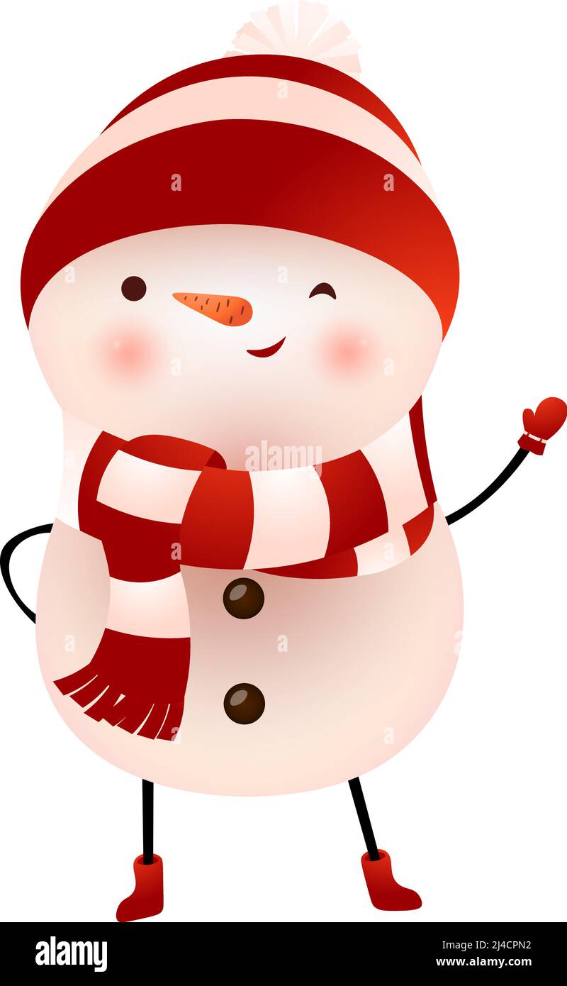 Snowman in scarf and cap winking and waving hand vector illustration ...