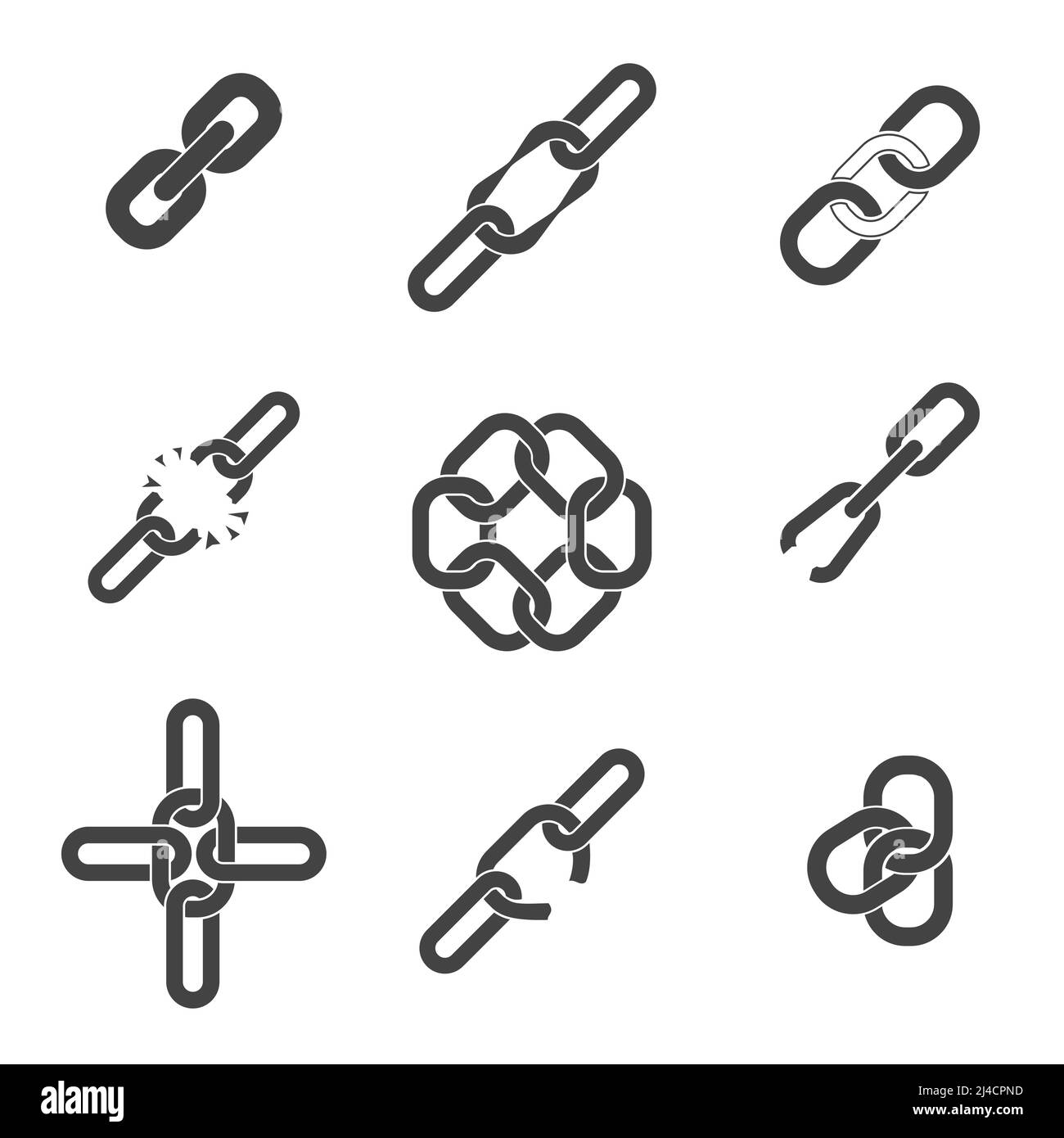 Chain or link icons set. Broken or closed segment, union ir unite ...