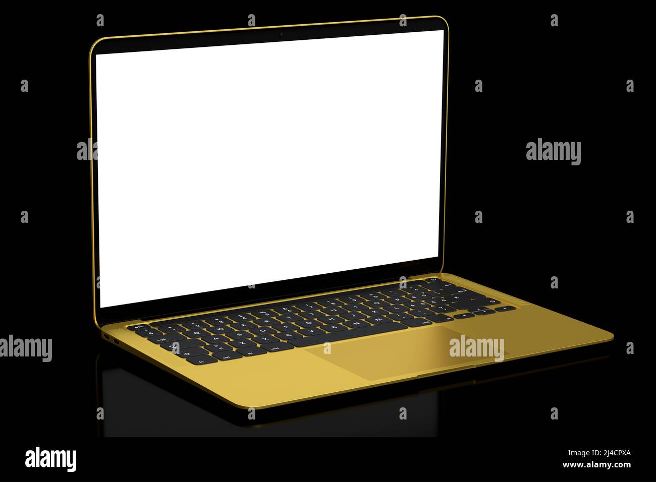Realistic gold aluminum laptop with empty white screen display isolated ...