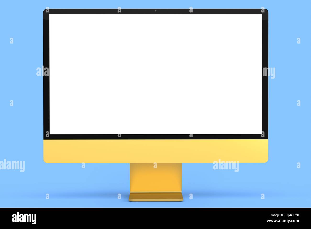 Realistic Yellow Computer Screen Display With Keyboard And Mouse Isolated On Blue Background 3d