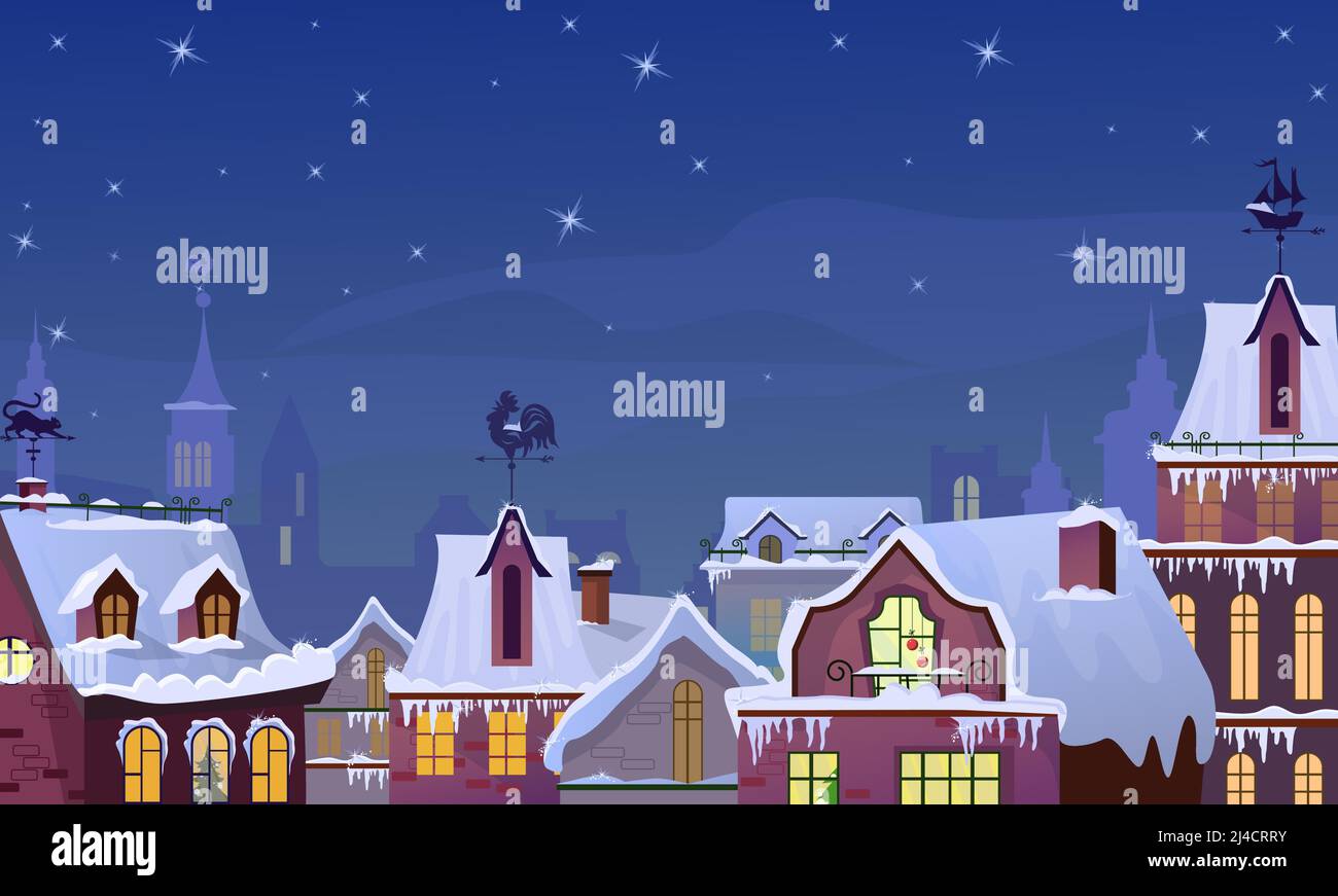 Winter townscape with night sky and houses roofs. Night town scene ...