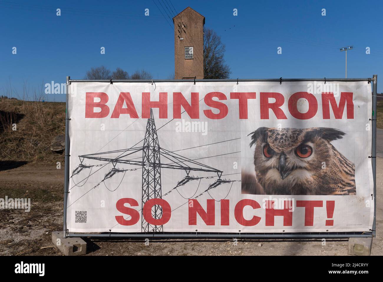 Action poster against electricity pylons, Upper Franconia, Bavaria ...