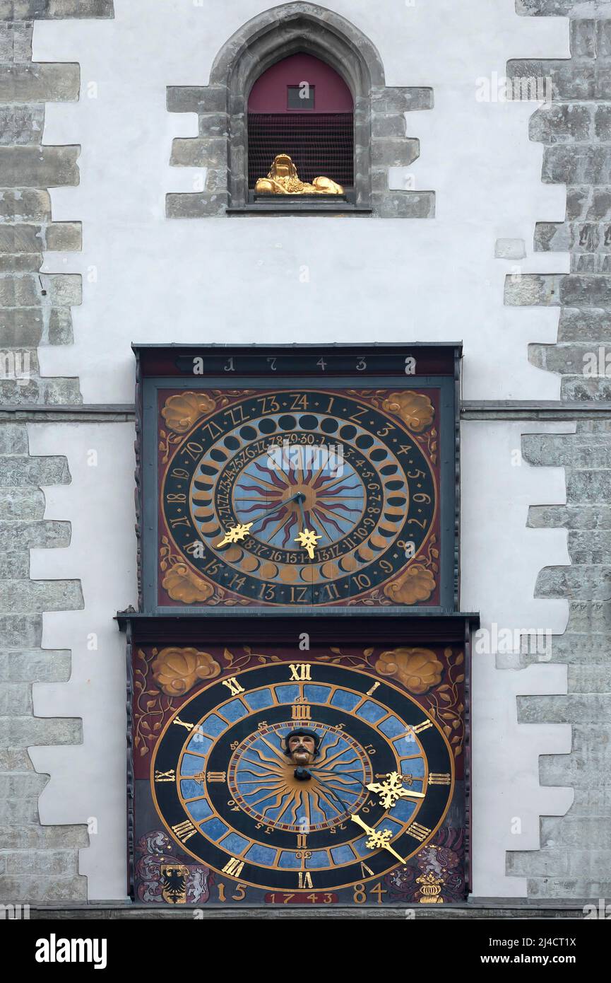 Two tower clocks on the old town hall tower, below 1527 above 1584 ...
