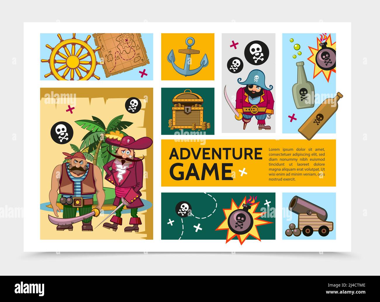 Cartoon adventure game infographic template with pirates steering wheel ...