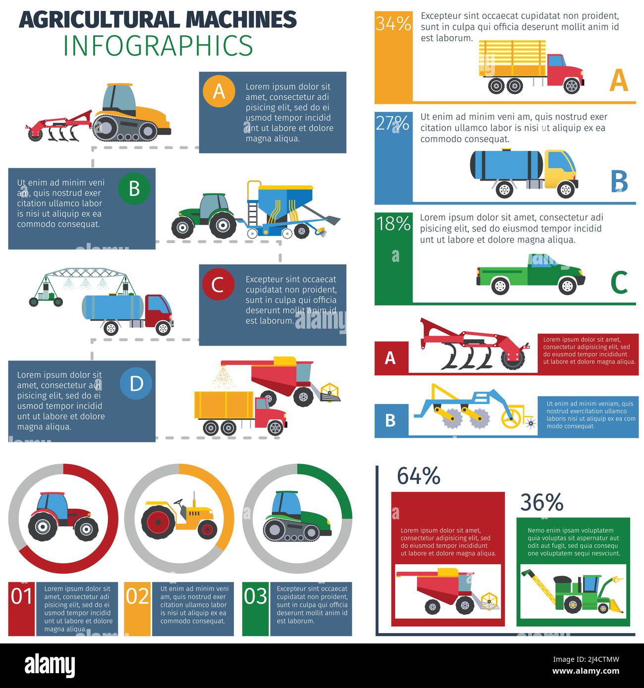Agricultural machines infographic set with sprayer tractors and plough ...