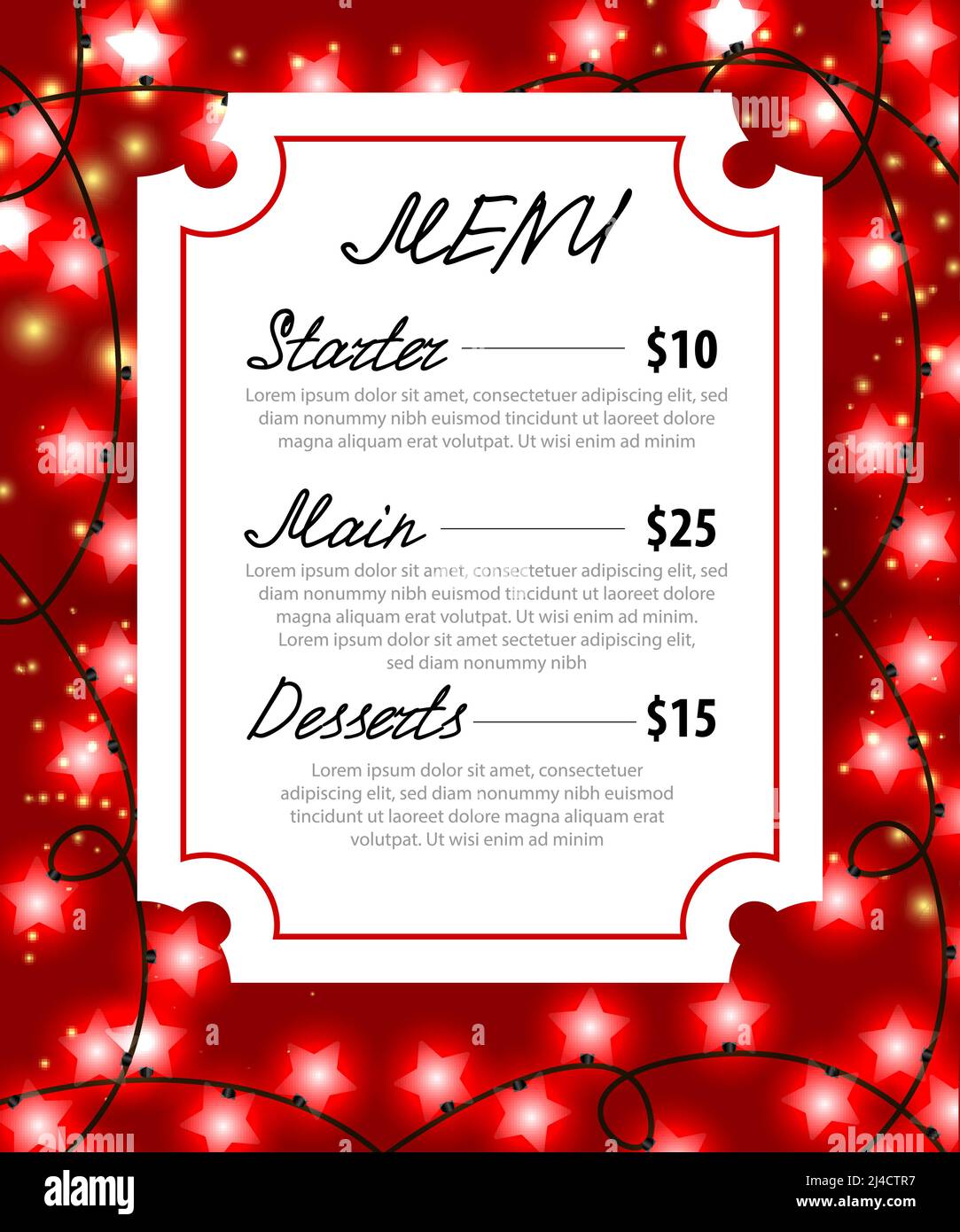 Christmas Menu card with retro lamps. Menu card on red background with ...