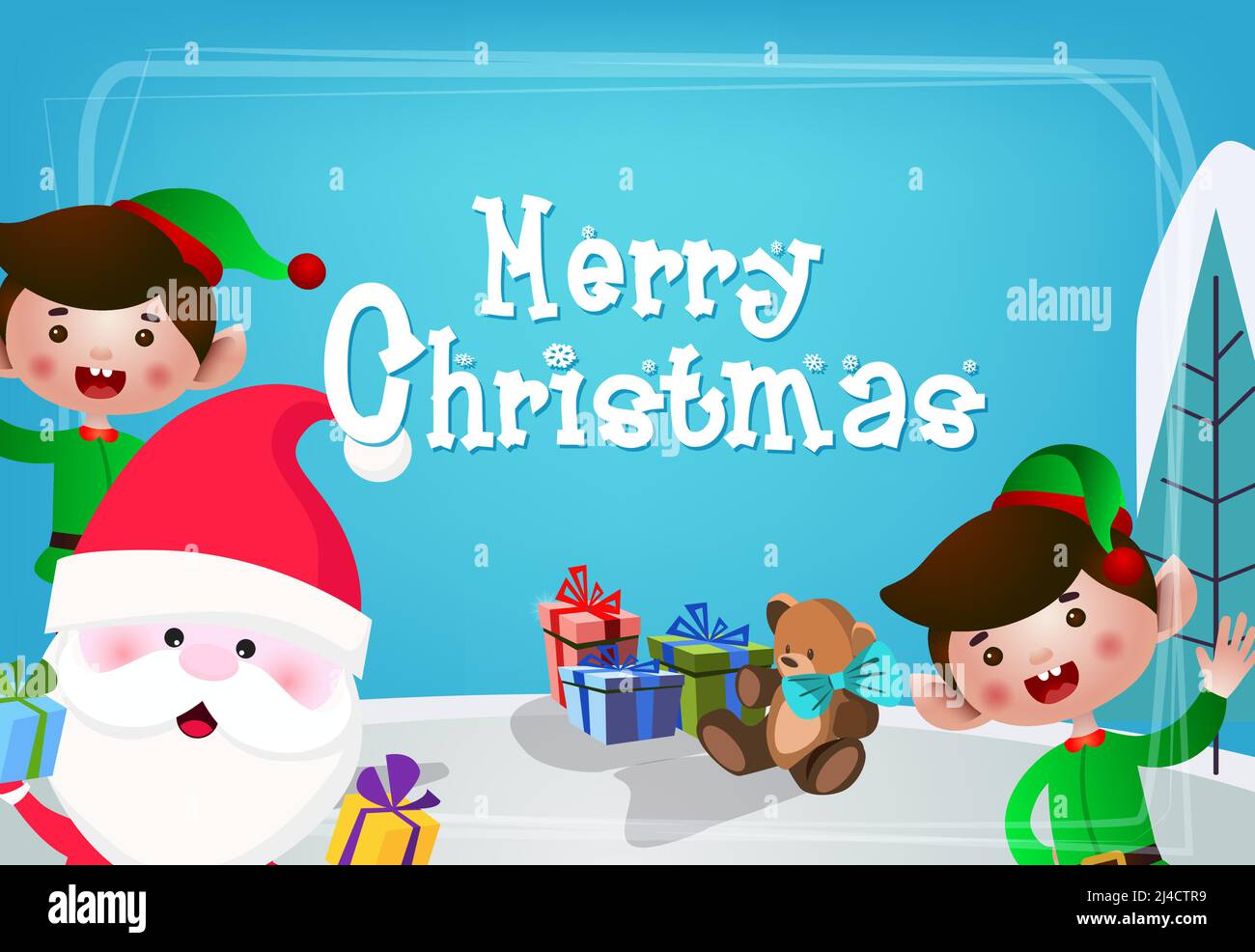 Christmas festive card design. Cheerful elf, gifts, Santa Claus and toy ...