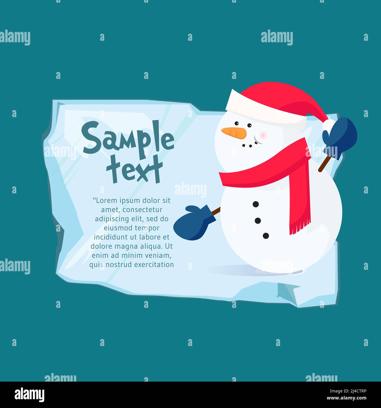 Christmas poster template. Cartoon snowman with sample text on piece of ...