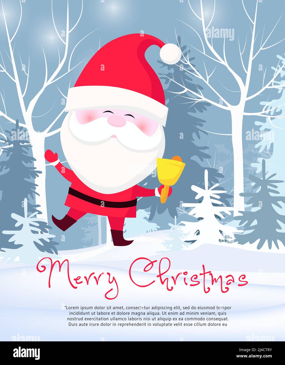 Christmas poster design. Dancing Santa Claus with jingle, snowy forest ...