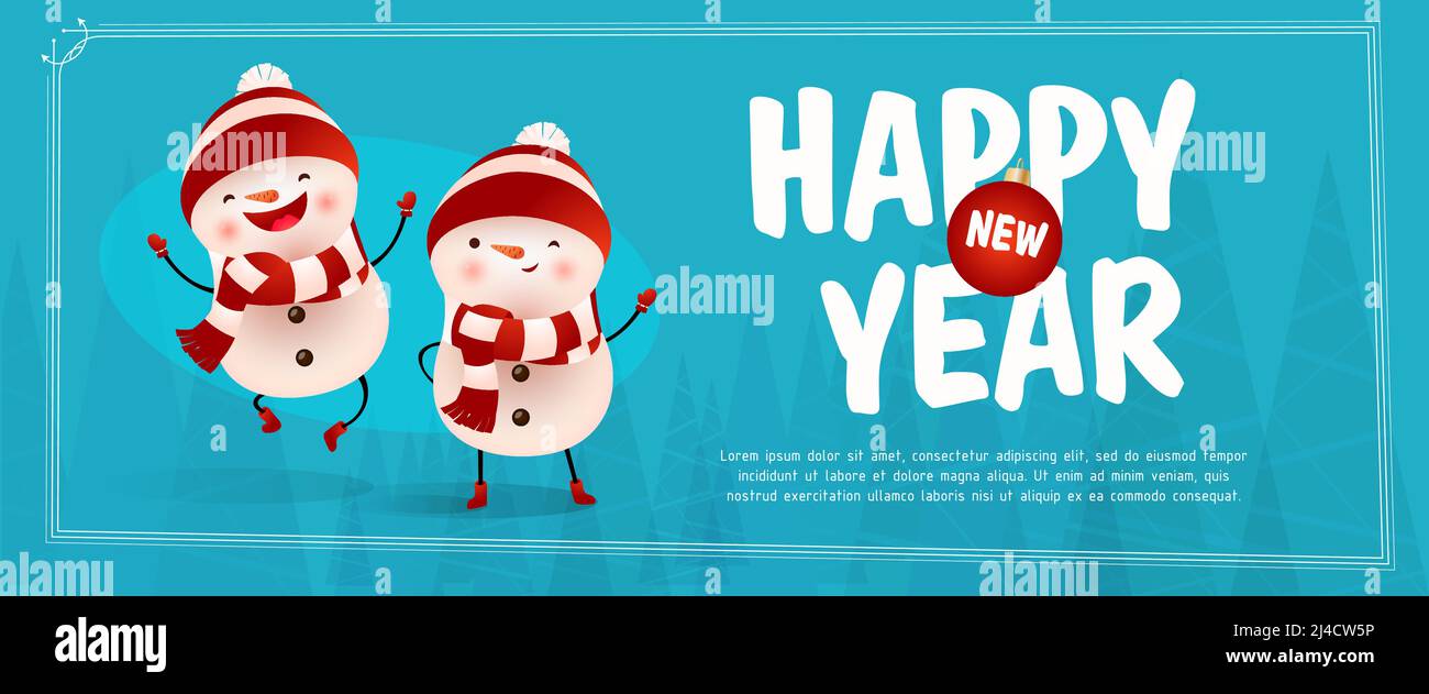 Happy New Year Lettering With Cheerful Snowmen New Year Day Greeting