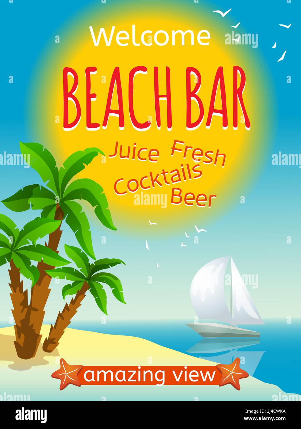 Beach bar poster with yacht fresh juice cocktails and beer cartoon ...