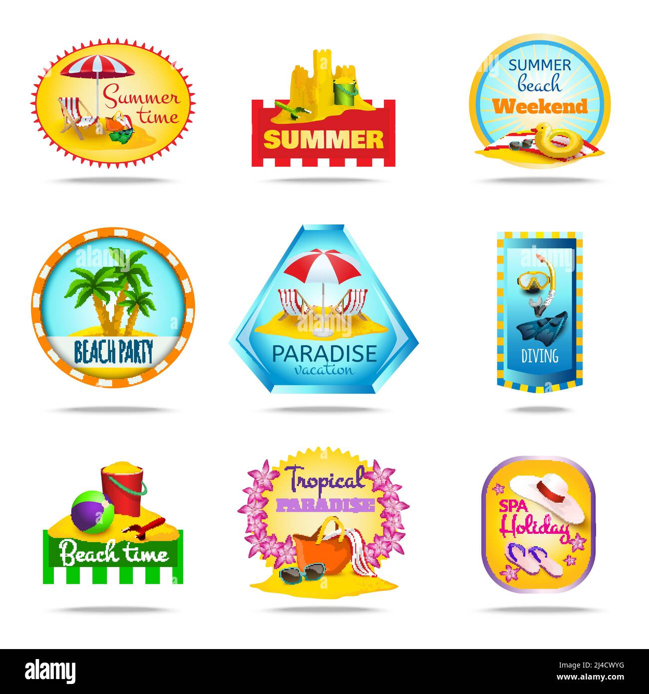 Vacation and summer cartoon emblems set with diving party and spa ...