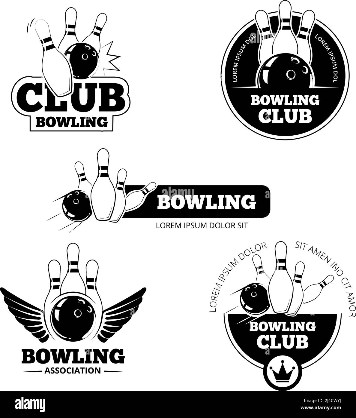 Bowling vector labels, emblems and badges set. Club gaming play ...