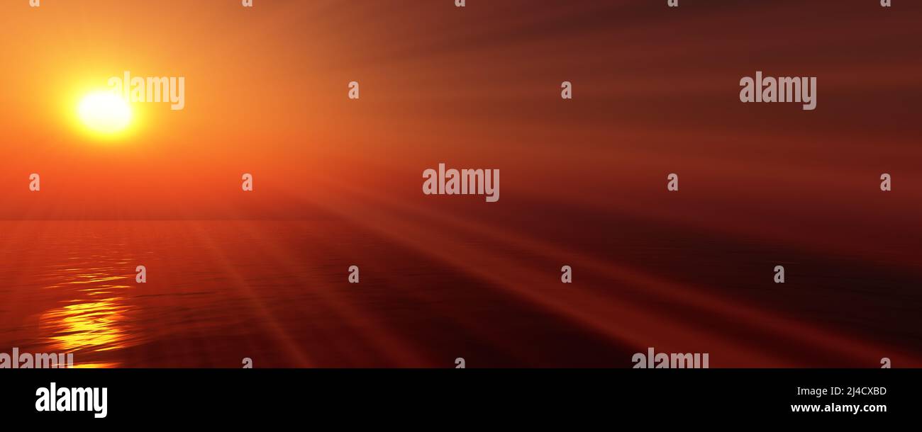 sunset sea sun ray clear sky, 3d rendering illustration Stock Photo - Alamy