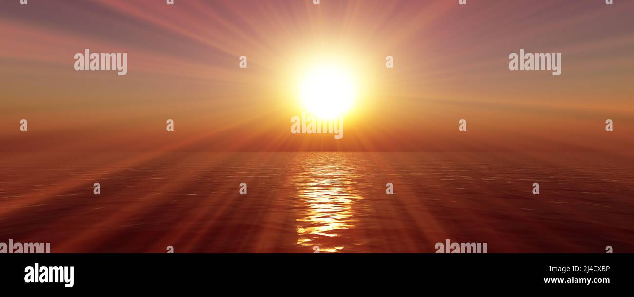 sunset sea sun ray clear sky, 3d rendering illustration Stock Photo - Alamy