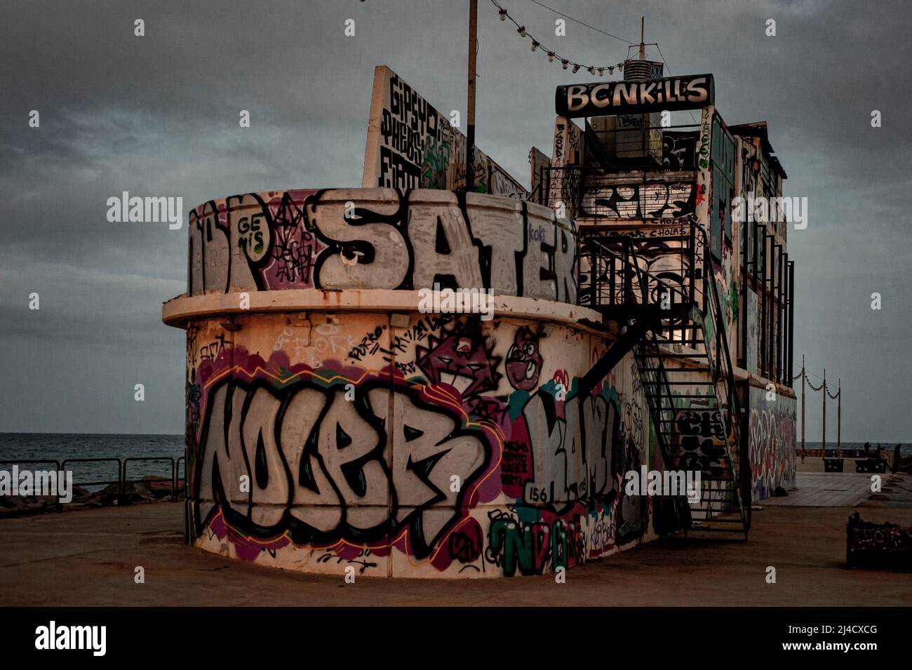 Closed and bricked up Boo Beach Club restaurant in La Mar Bella beach ...