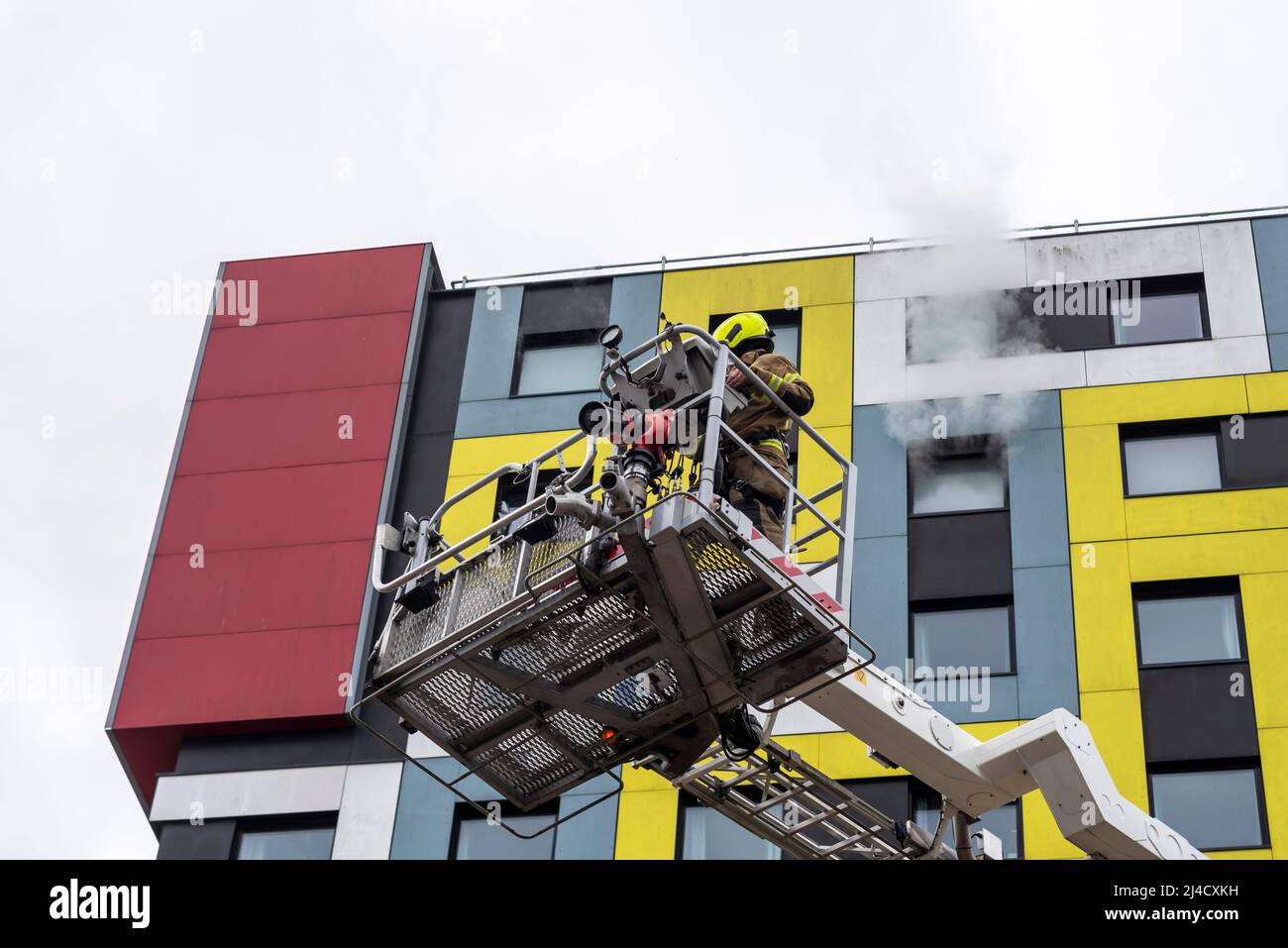 Firefighter in lift cage of Essex County Fire & Rescue Service Angloco ...