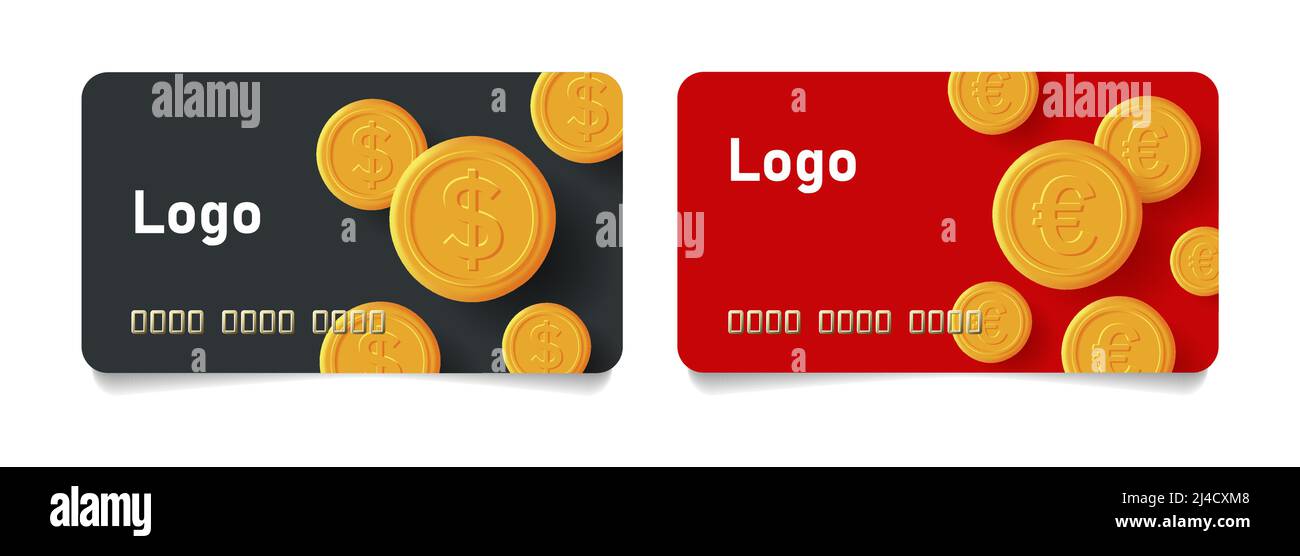 Set of credit cards template with dollar and euro golden coins on black ...