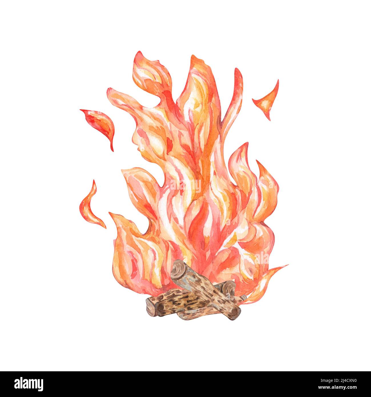 Flame watercolor illustration. Red, yellow fire, bonfire hand drawn ...