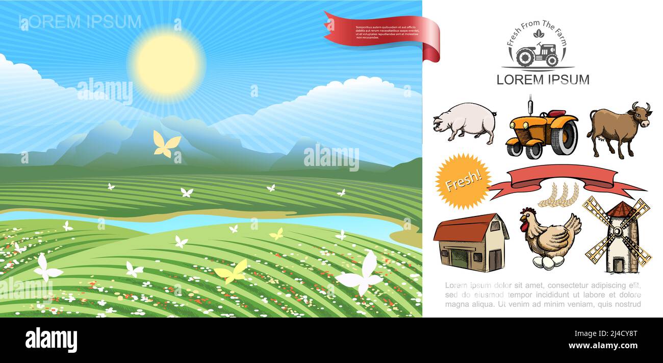 Colorful farming concept with rural meadow landscape and sketch pig cow ...