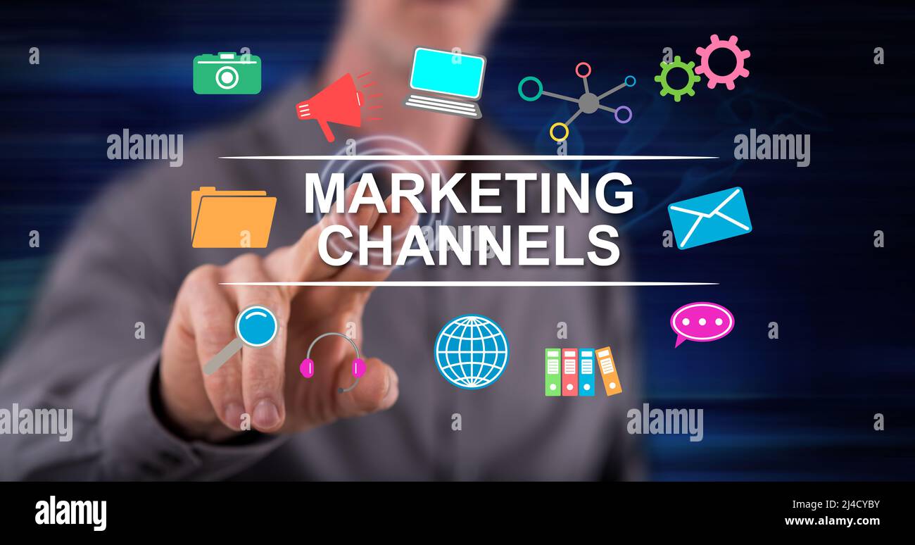 Man touching a marketing channels concept on a touch screen with his ...