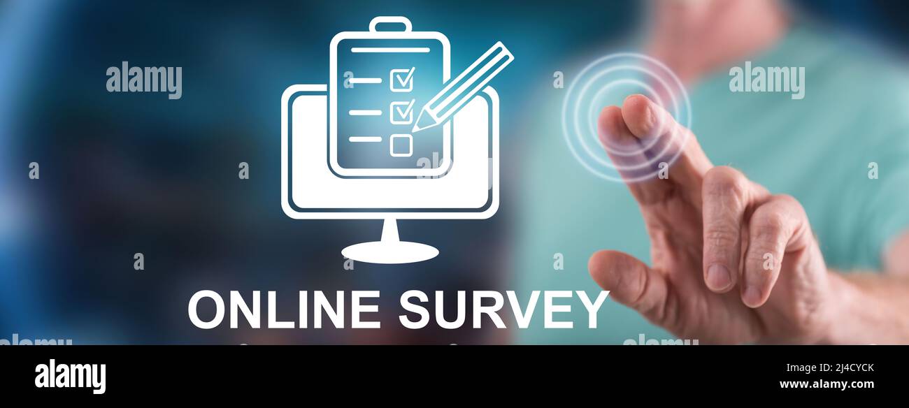 Man touching an online survey concept on a touch screen with his finger ...