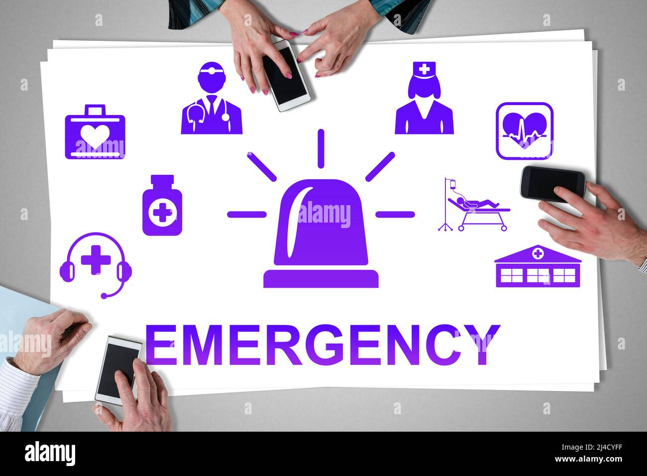 Emergency concept placed on a desk with hands using smartphones Stock ...