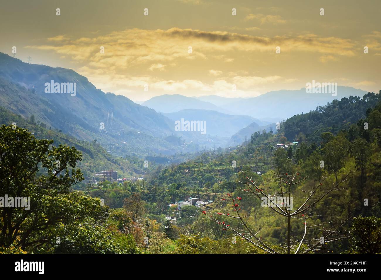 Spring mountain landscape of Outer Himalayas, upland village. Himachal ...